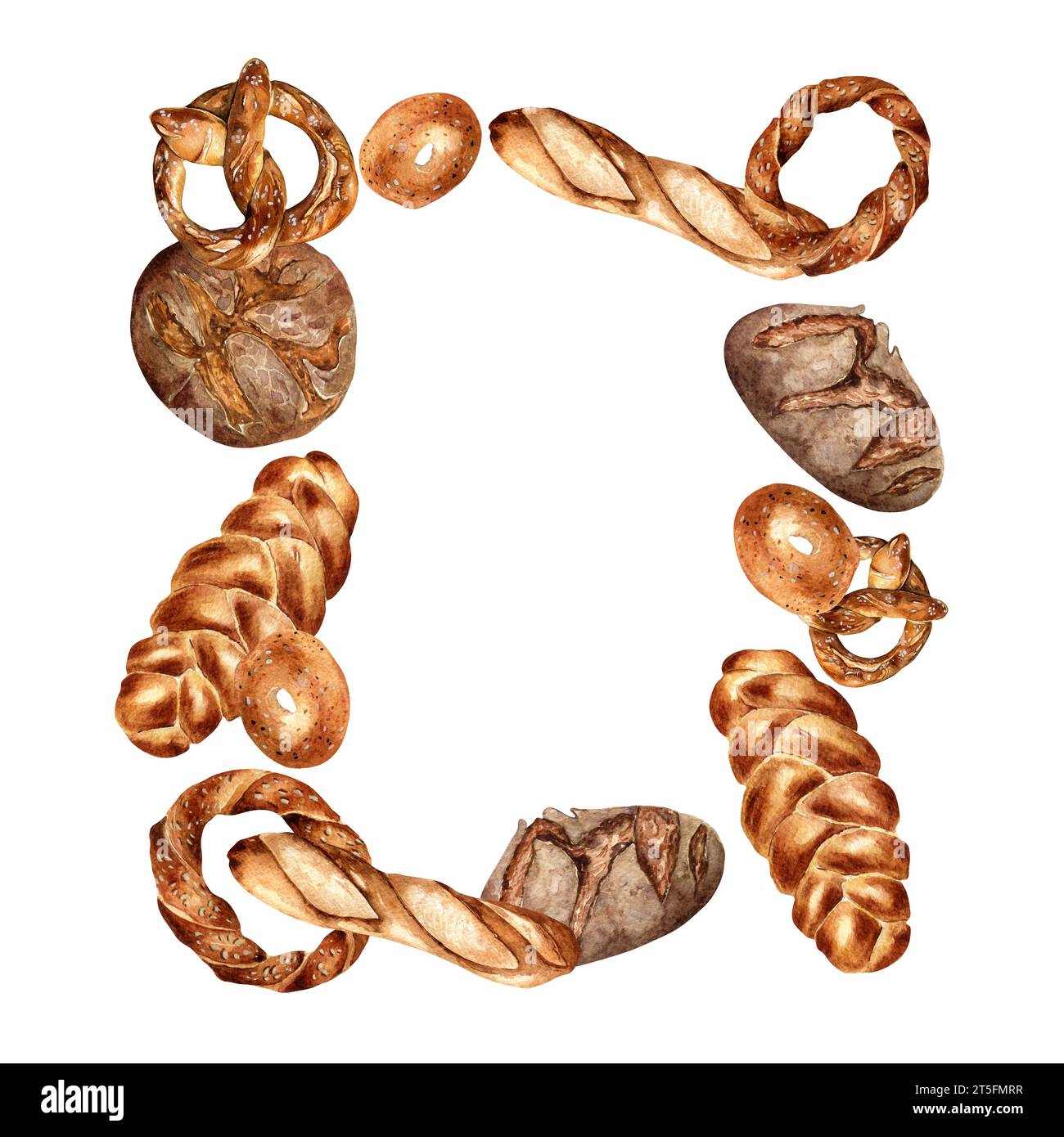 Frame of variety bread watercolor isolated on white. Hand drawn rye ...