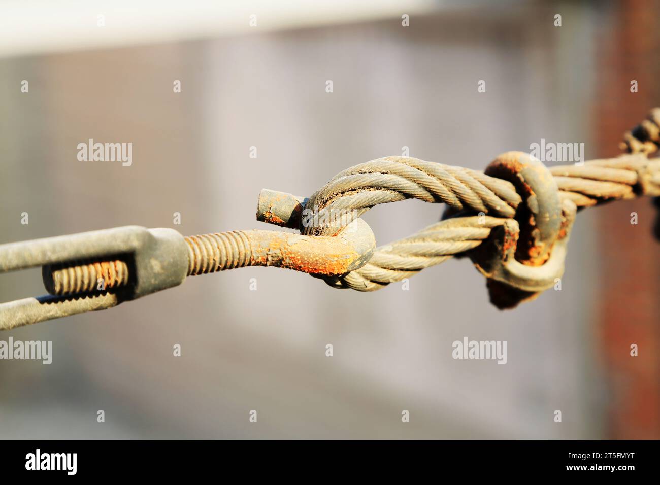 steel wire rope full of greasy dirt and connection fasteners Stock ...