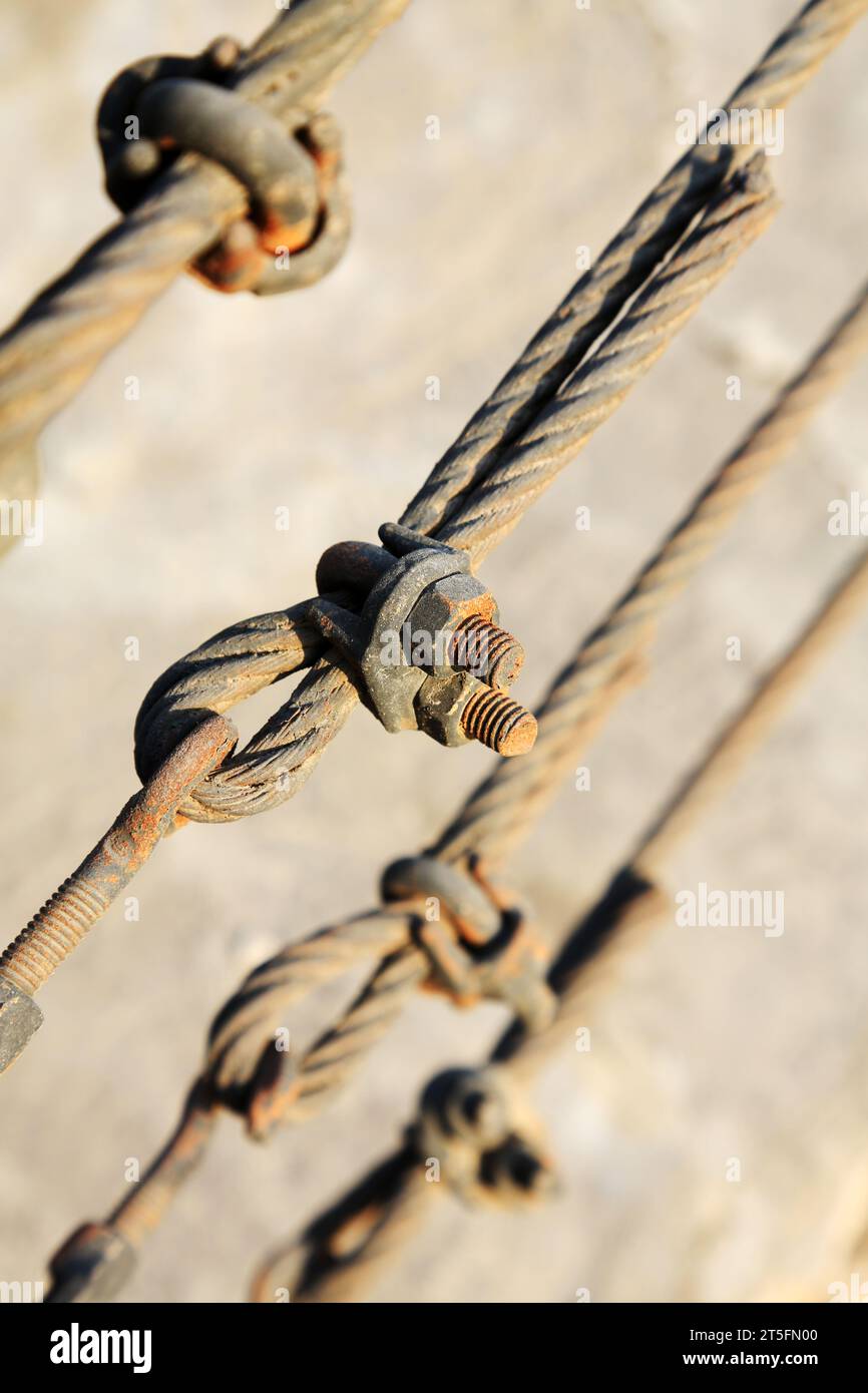 steel wire rope full of greasy dirt and connection fasteners Stock ...