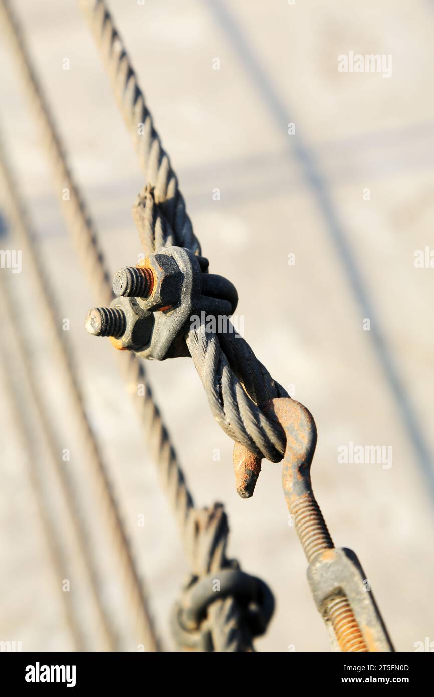 steel wire rope full of greasy dirt and connection fasteners Stock ...