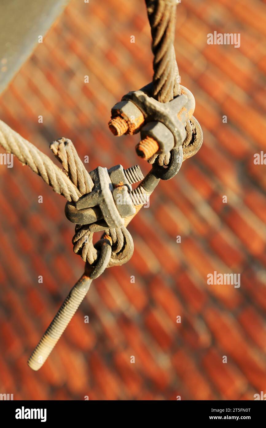steel wire rope full of greasy dirt and connection fasteners Stock ...
