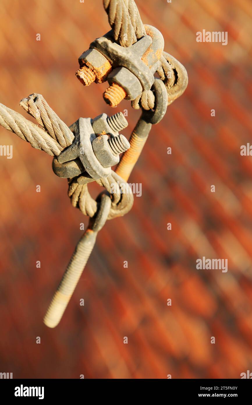 steel wire rope full of greasy dirt and connection fasteners Stock ...