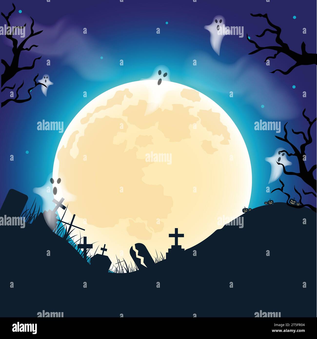 Halloween Background With White Ghost, full moon, pumpkins and trees ...