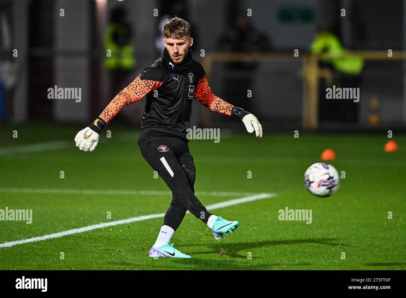 Daniel Grimshaw #32 of Blackpool during the pre-game warmup ahead of ...