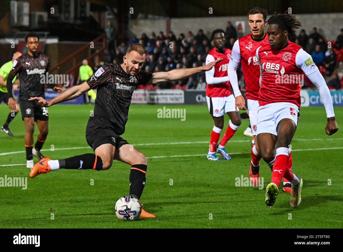 Jordan Rhodes #16 of Blackpool shoots on goal during the Sky Bet League ...