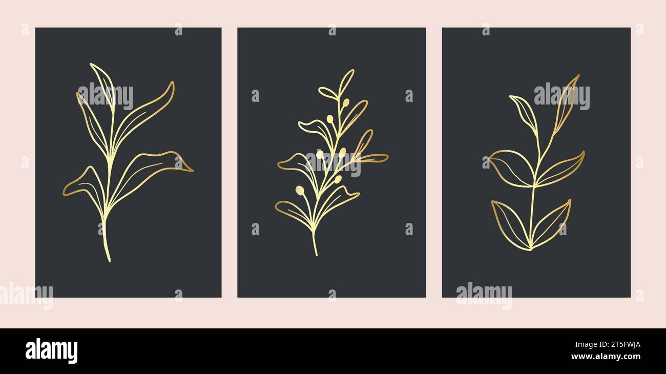 Set of tropical gold leaves. Outline Palm leaf and Olive Branch In a ...