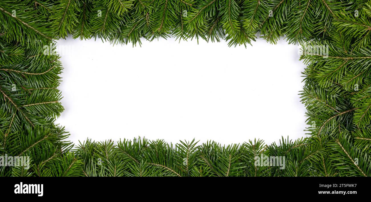Natural fir Christmas tree border frame isolated on white , copy space ...