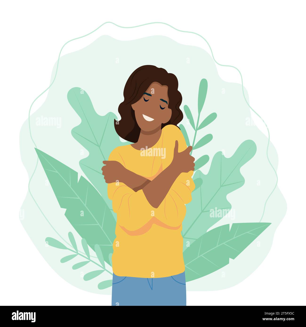 Self Love Concept Black Woman Hugging Herself Vector Illustration In