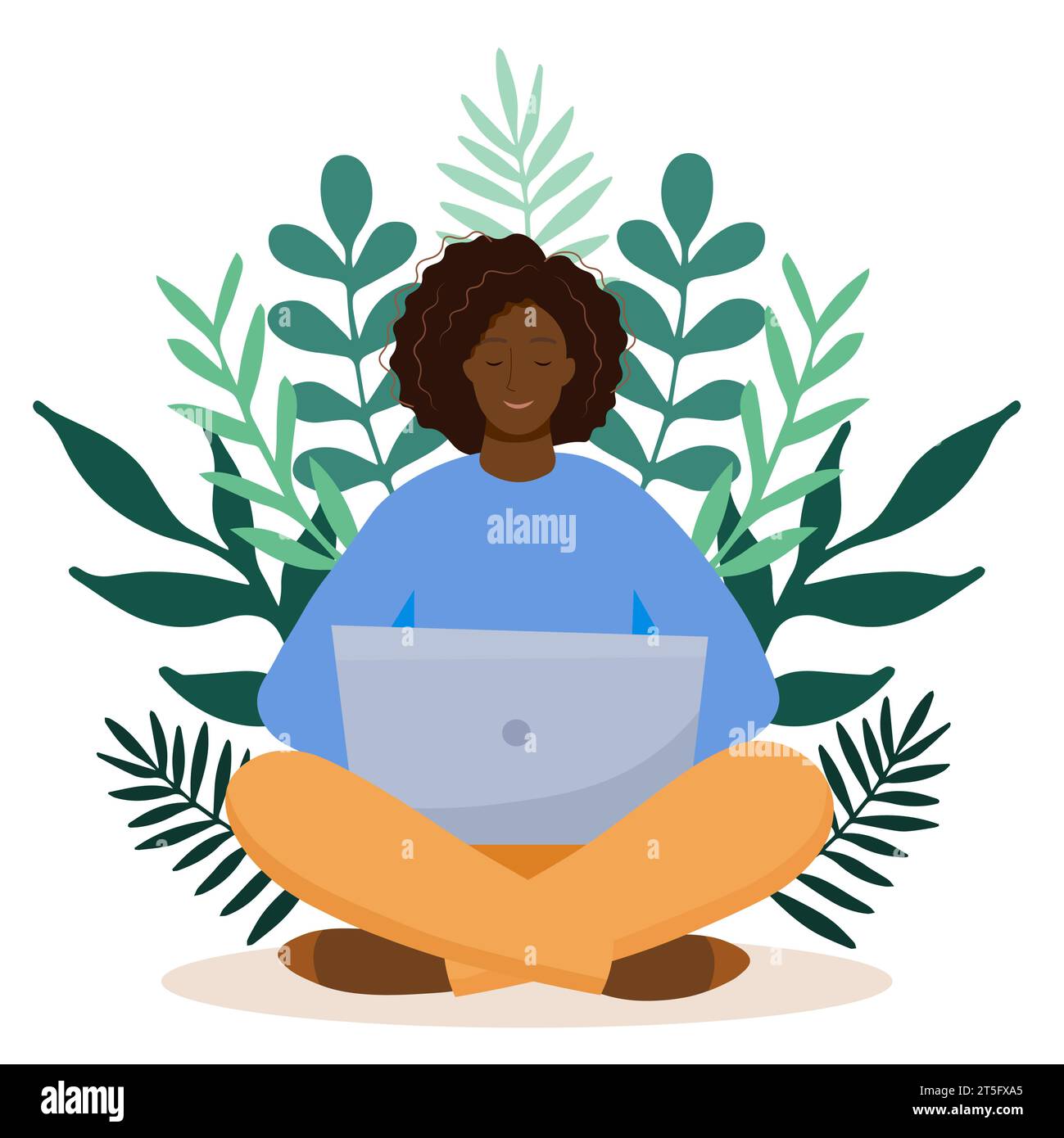 Black woman with laptop sitting in nature and leaves. Concept ...