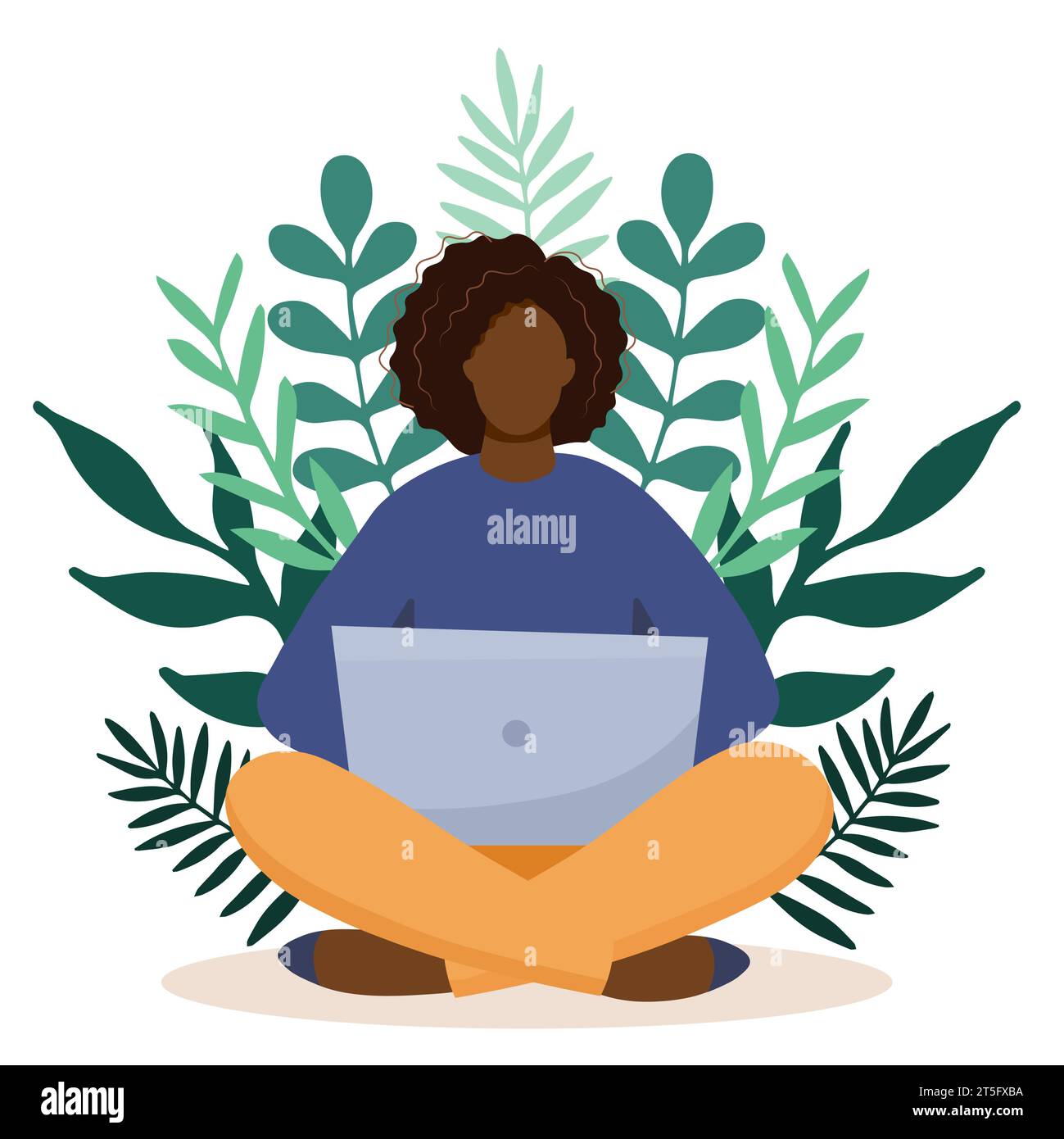 Black woman with laptop sitting in nature and leaves. Concept ...