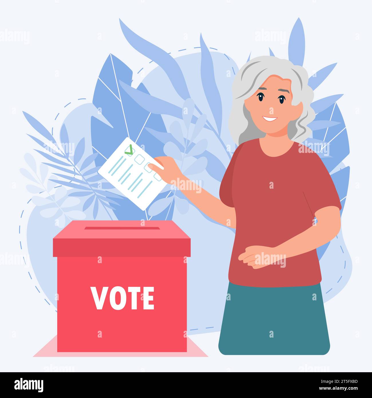 Old woman putting vote into the ballot box. Election concept Stock ...