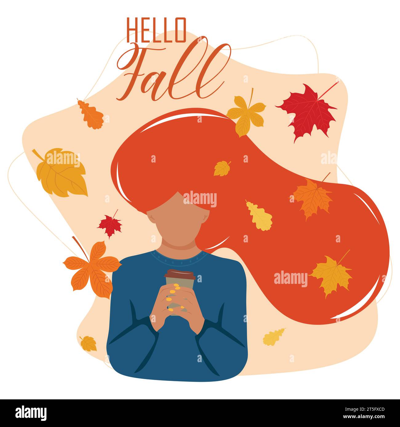 Hello autumn cute girl holding a cup with autumn background and leaves ...