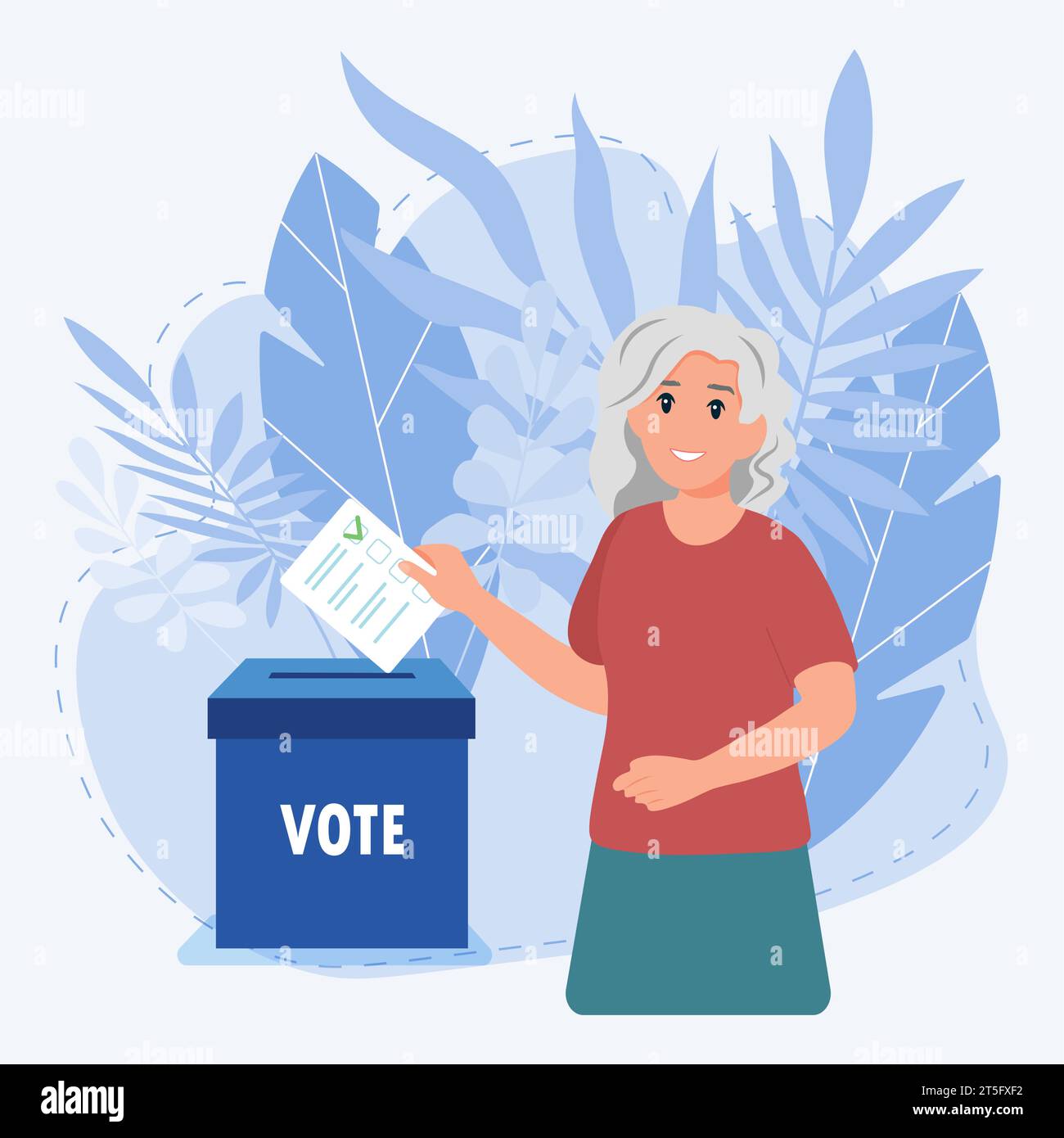 Old woman putting vote into the ballot box. Election concept Stock ...