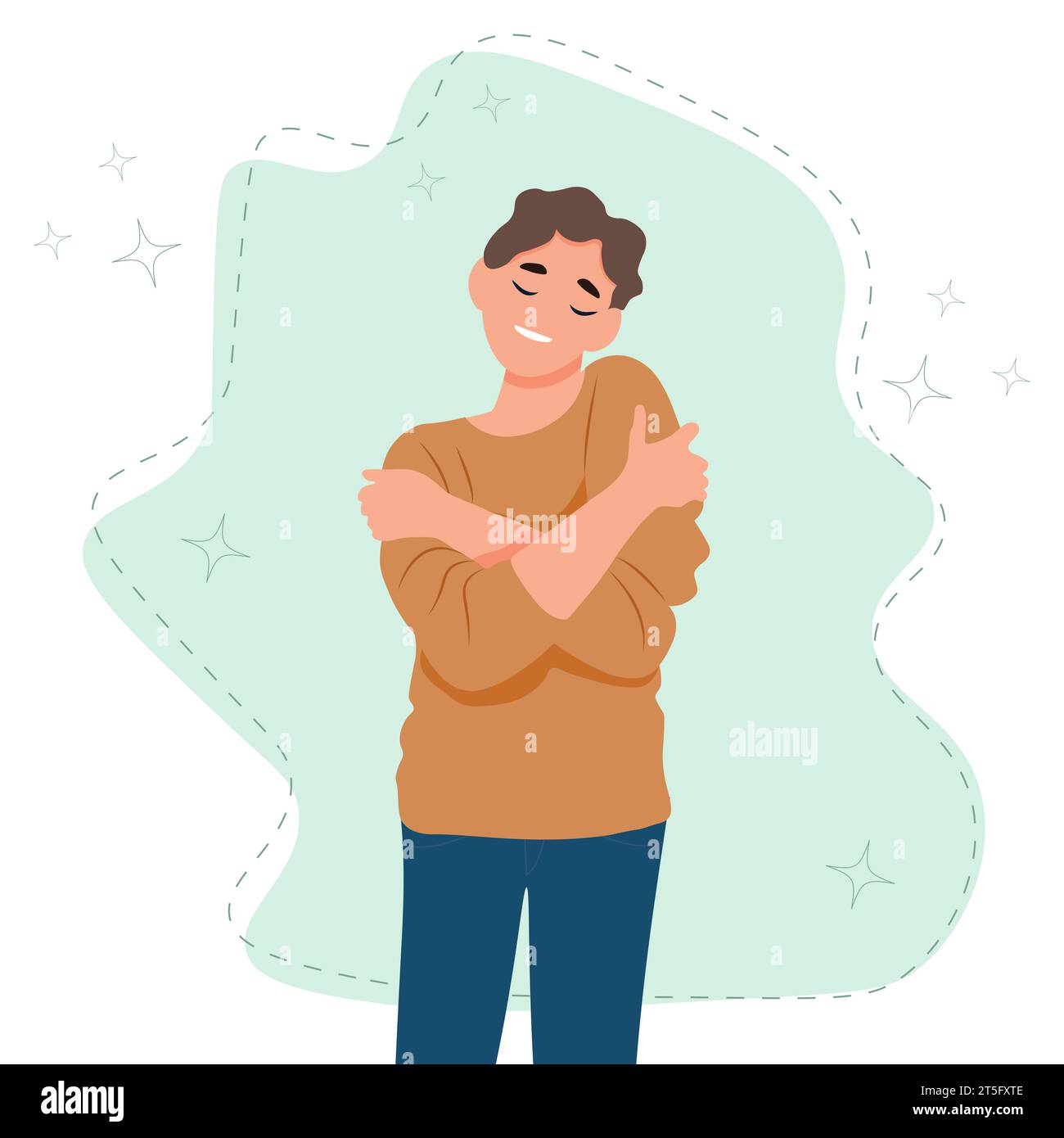 Self love concept, man hugging herself, vector illustration in flat ...