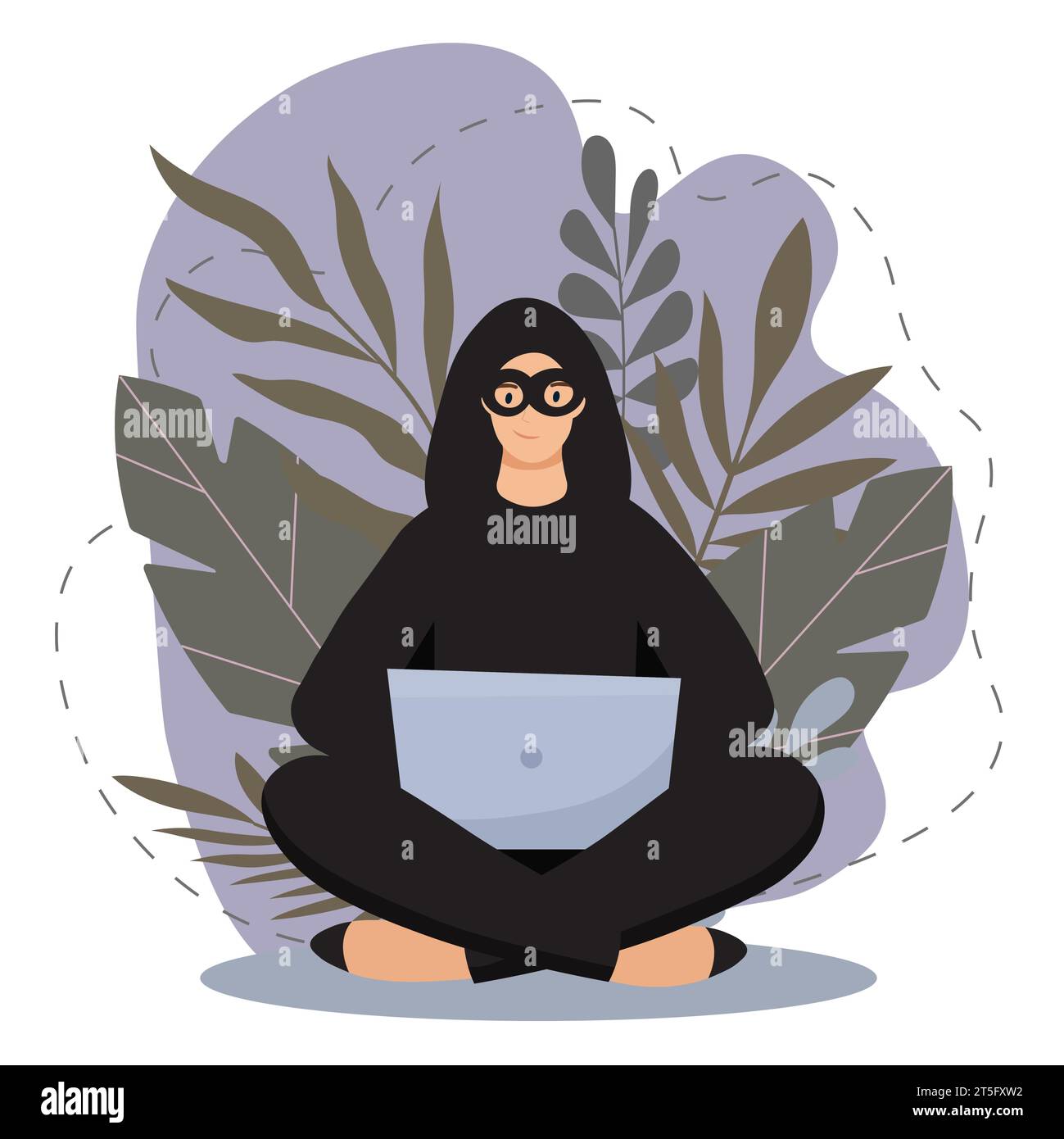 Hacker in a black mask with a computer. The cybercriminal is holding a ...