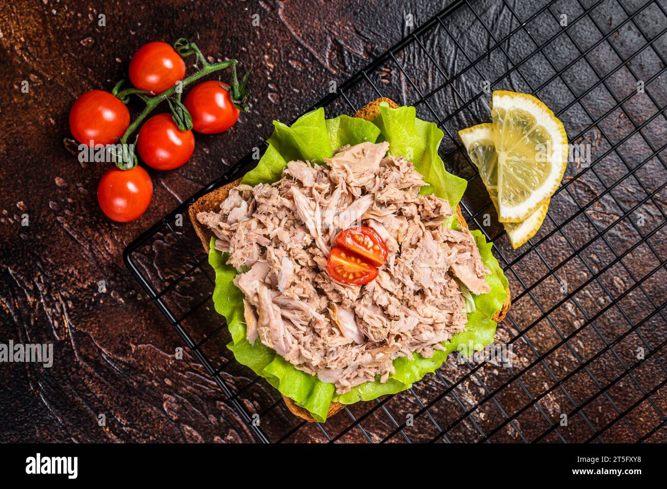 Seafood Toast with Canned Tuna fish fillet and lettuce. Dark background ...