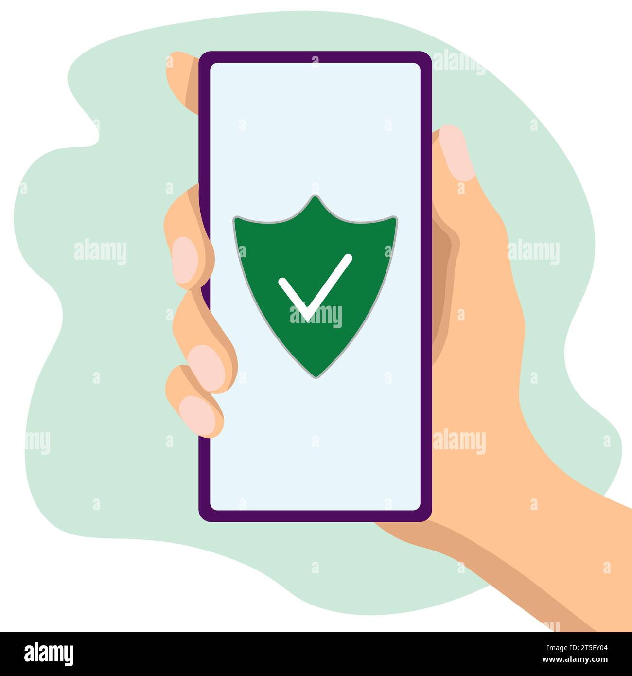 Vector drawing of a hand with a mobile phone. Antivirus software in the ...