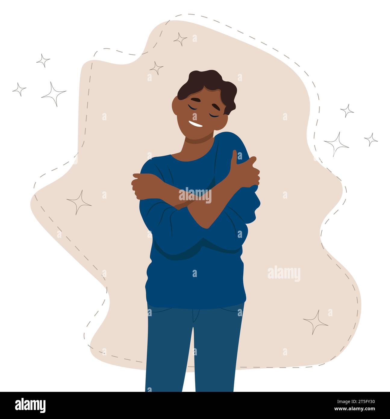 Self Love Concept Black Man Hugging Herself Vector Illustration In Flat Style Stock Vector