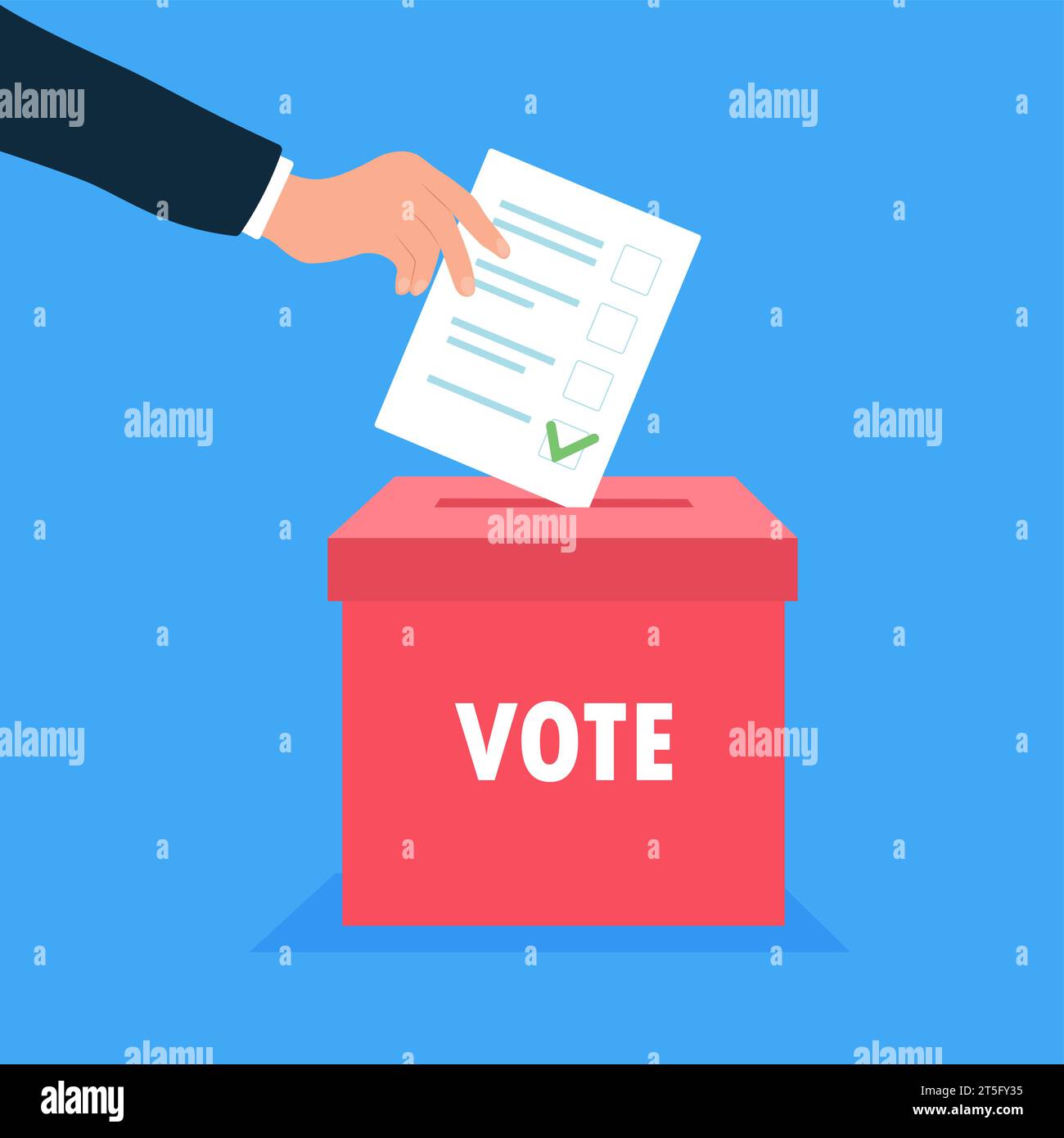 Hand puts vote bulletin into vote box. Election concept. Flat design ...