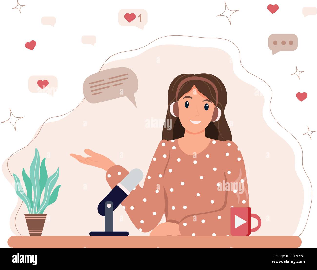 Woman recording podcast. Podcast concept in flat style. Female talking ...