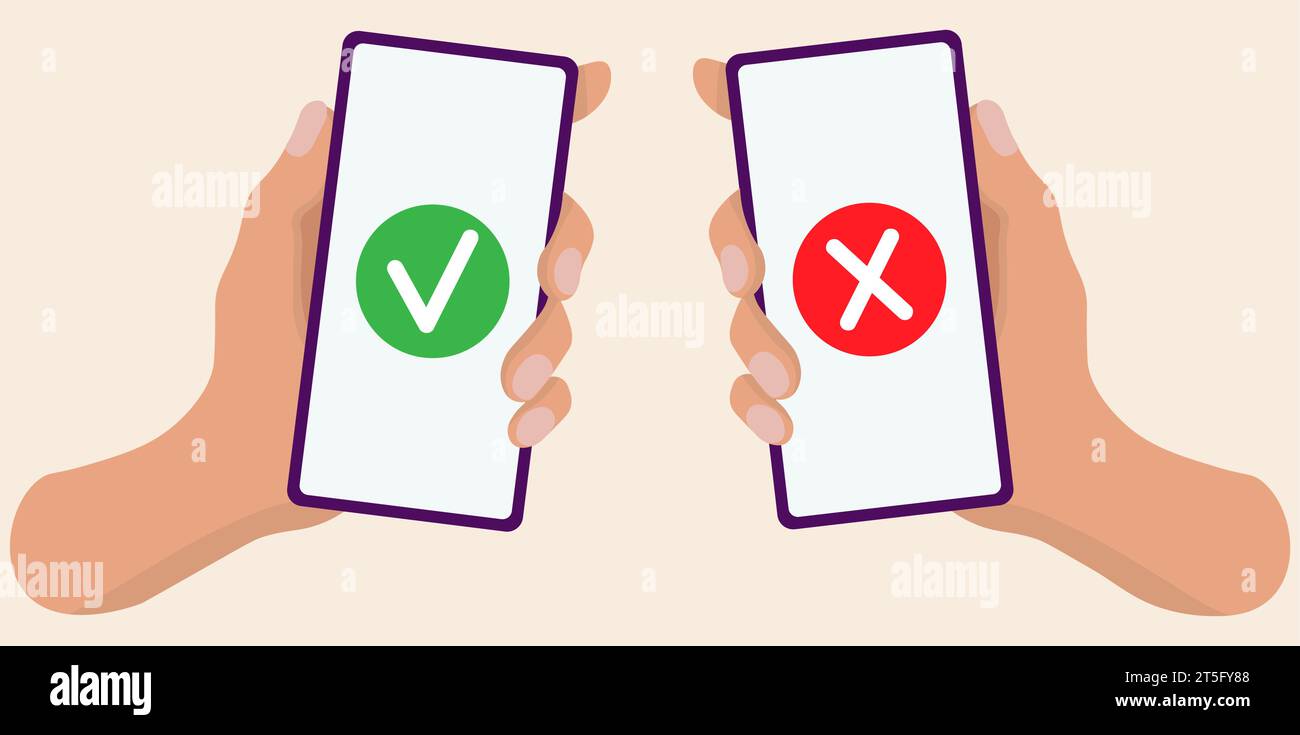 Check and cross mark on smartphone screen. Hand holding smart phone ...