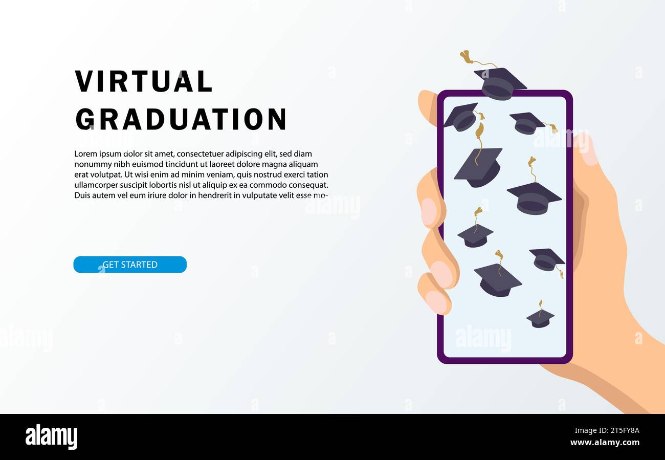 Hand holding phone with illustration of flying graduation cap. Phone ...