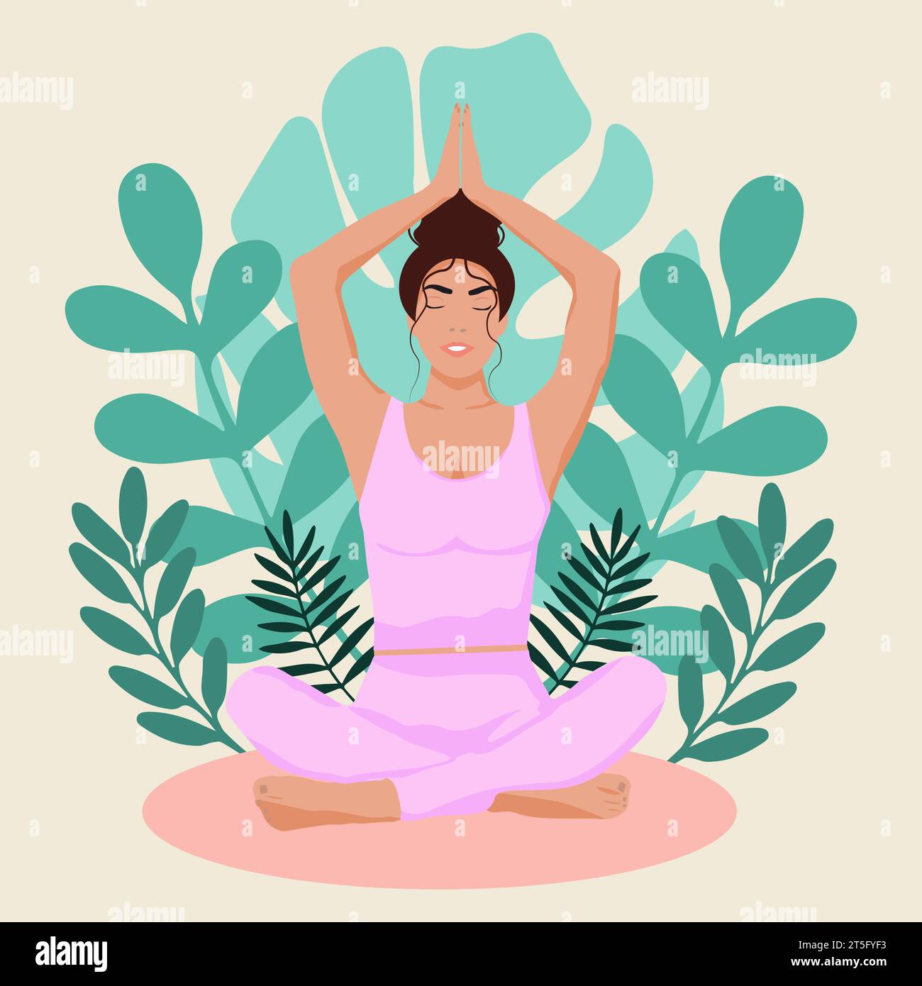 Woman meditating in nature and leaves. Concept illustration for yoga ...