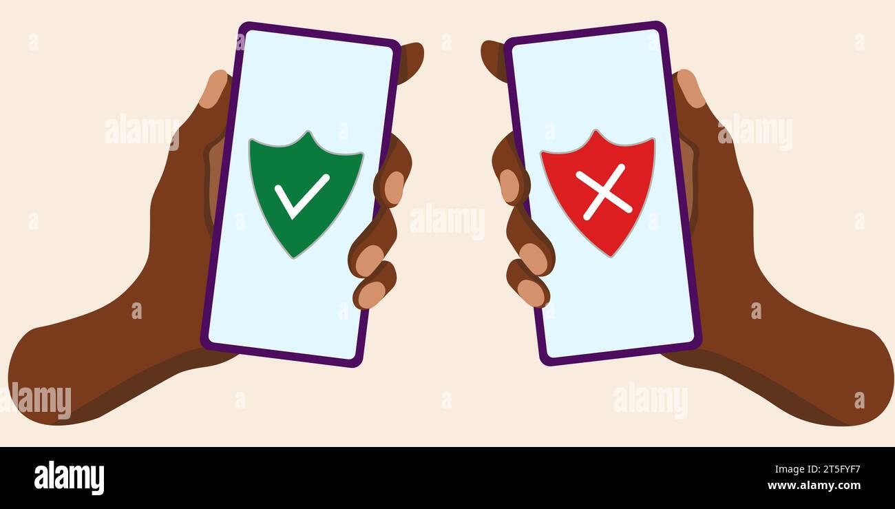 Human hand black holding mobile phone. Smartphone antivirus protection ...