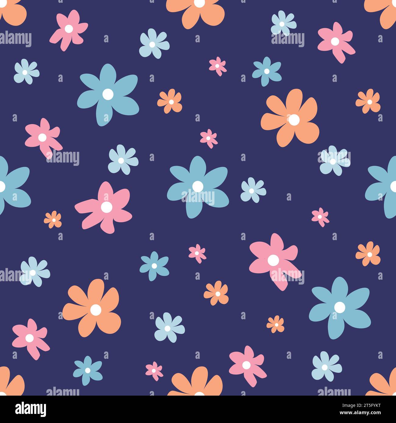 Cute seamless pattern with pink and blue flowers on dark background ...