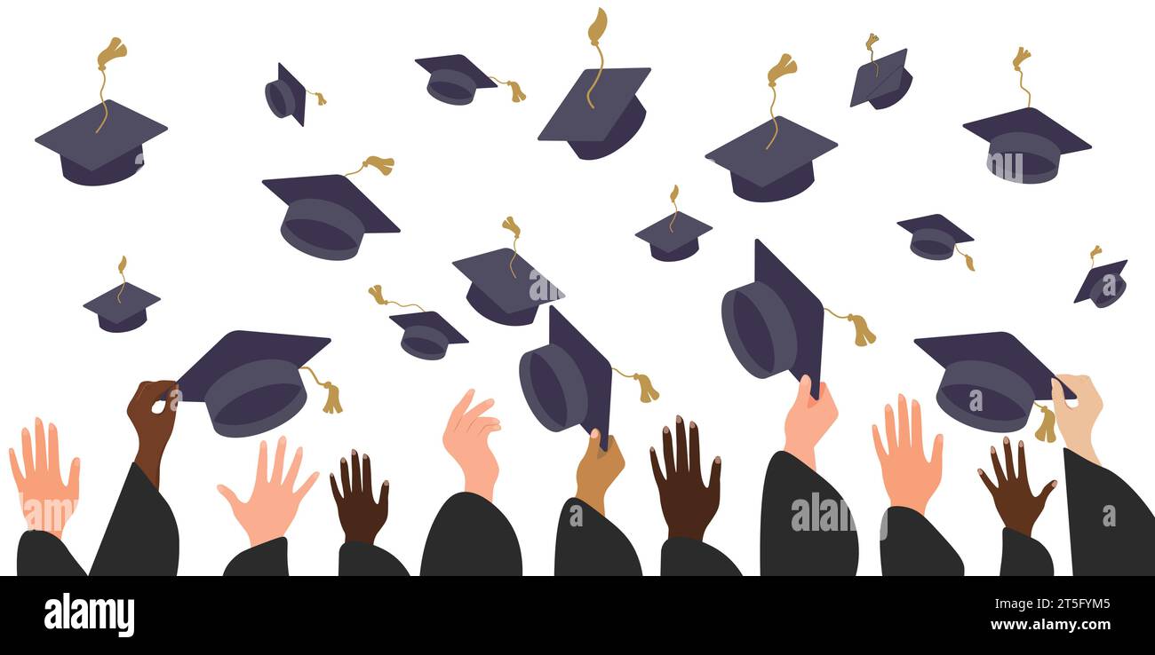 Graduating students of pupil hands in gown throwing graduation caps in ...