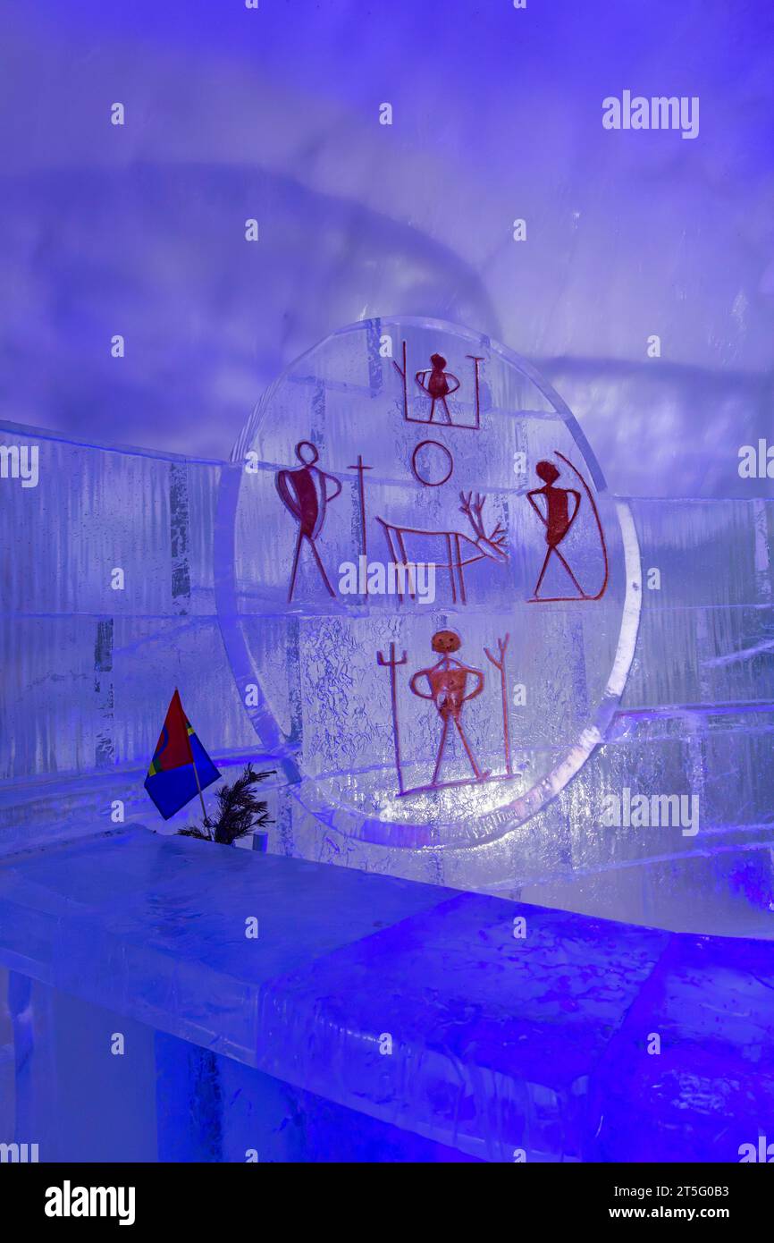 ice sculpture on the wall of the Kirkenes Ice Hotel bar inside the ...