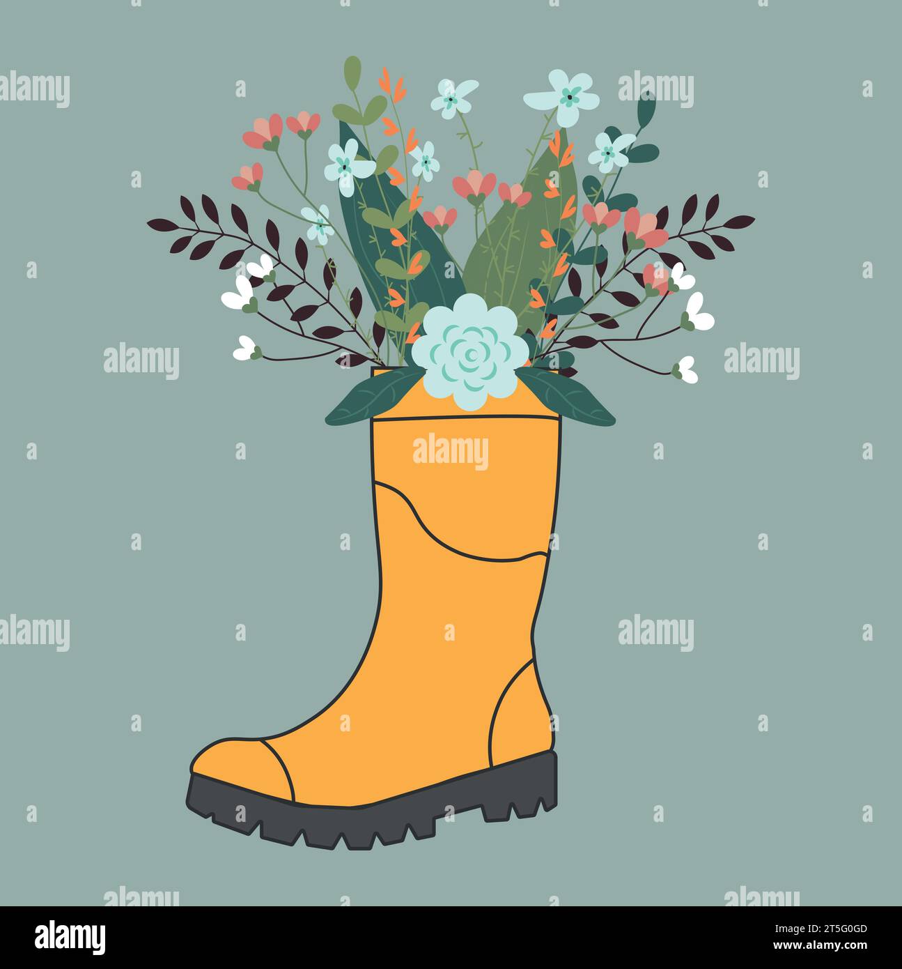 Cute bouquet in yellow rubber boots. Gardening boot with flowers ...