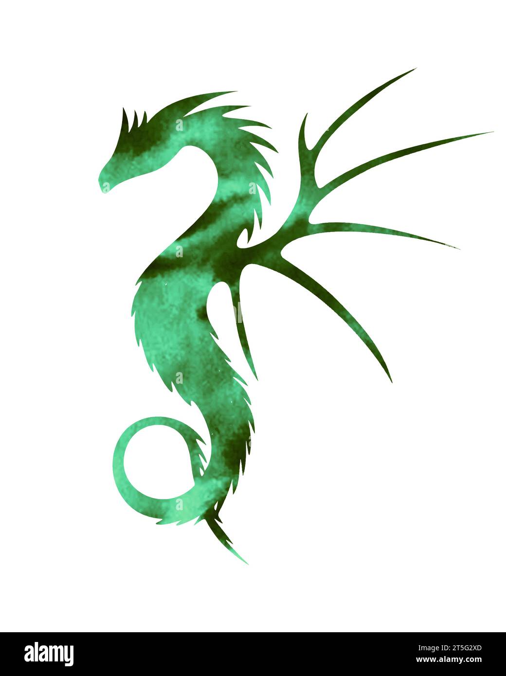 Green dragon year 2024, hand drawn watercolor dragon silhouette. Vector ...