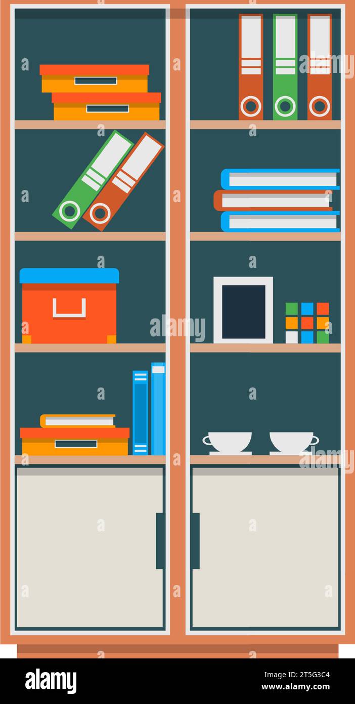 Office furniture vector icon. Flat shelves rack with paper document ...