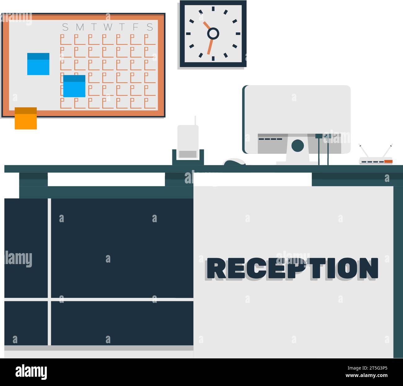 Reception desk office lobby vector flat icon. Hotel counter desk table ...