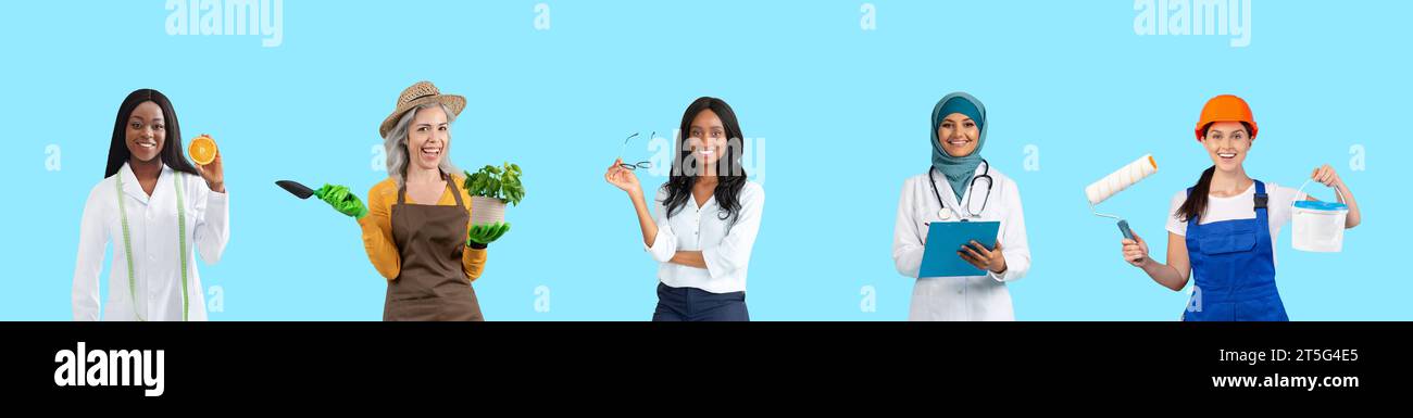 Female Jobs. Various women in their work uniforms posing on blue ...