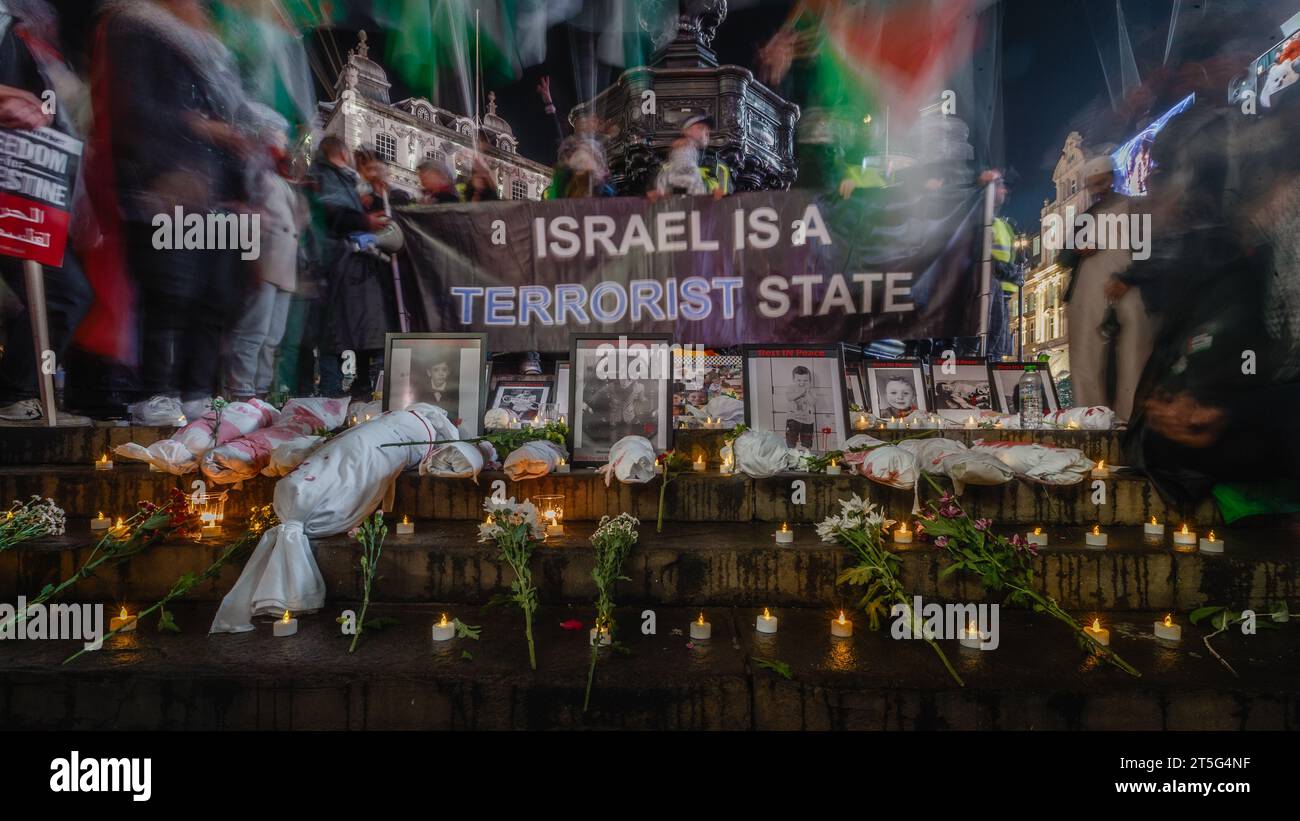 "Israel is a terrorist state" sign at a pro Palestine vigil at ...