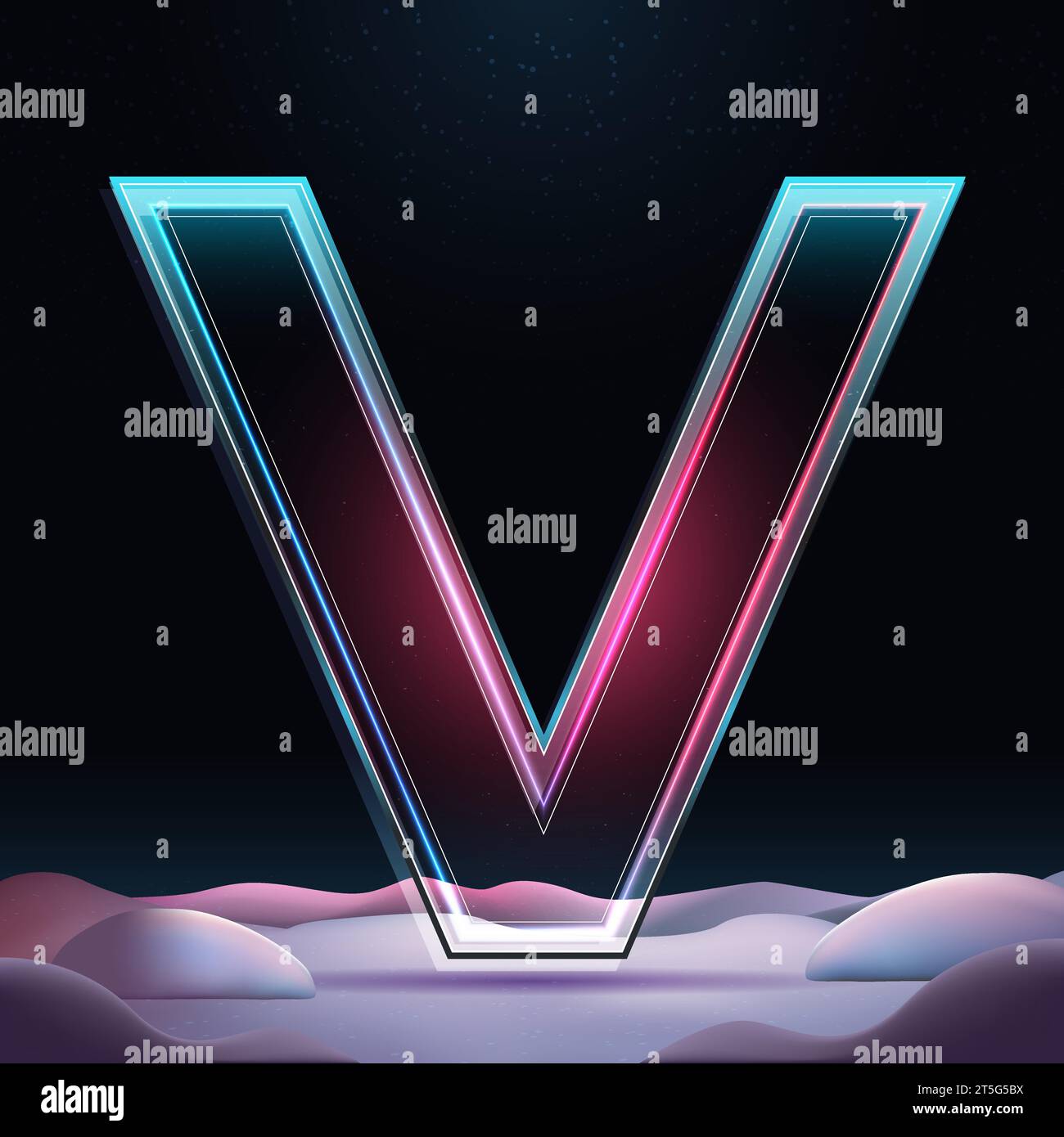 3D letter V with neon light insight. Glass letter with sparkles and ...