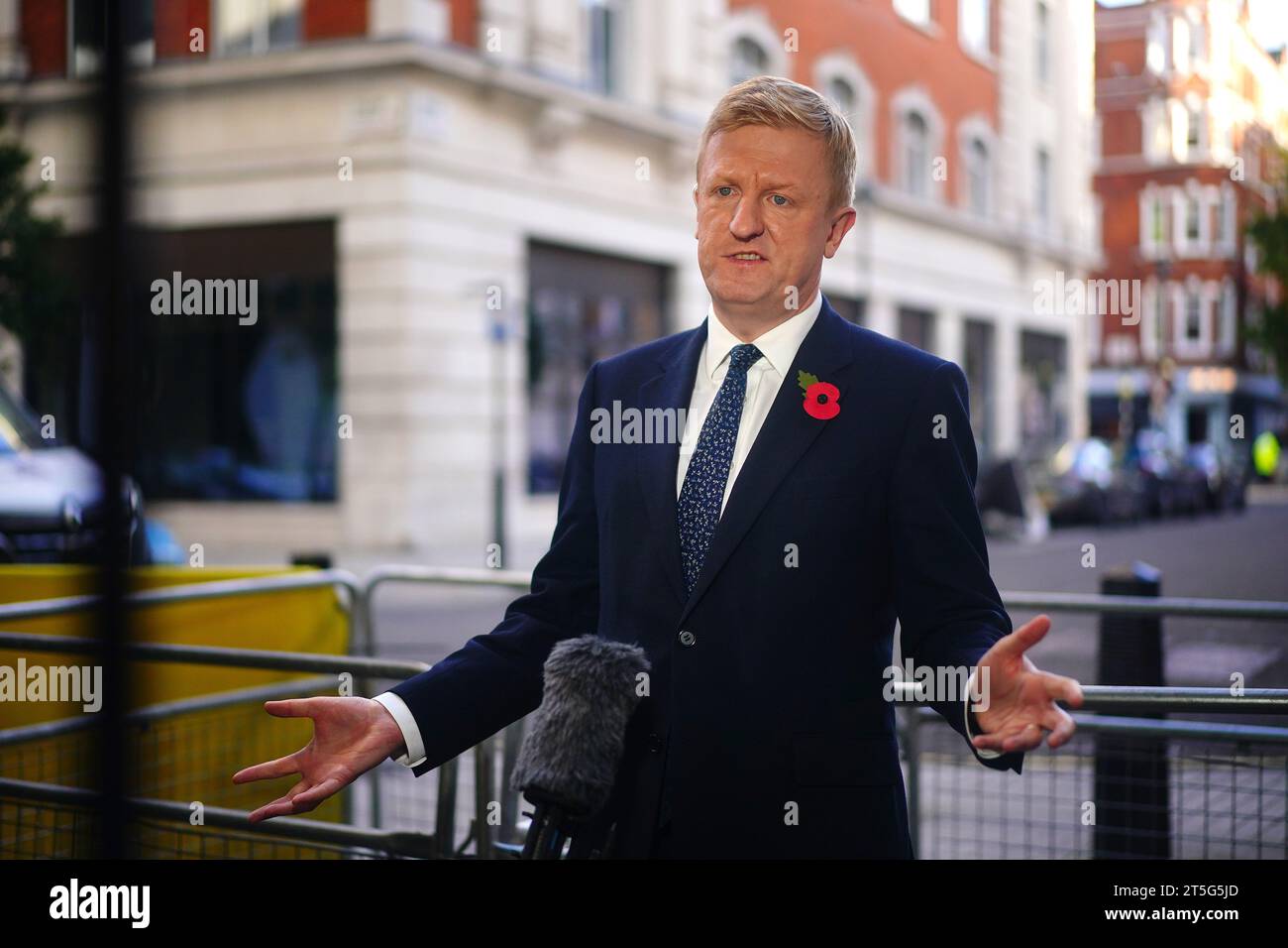 Deputy Prime Minister Oliver Dowden speaking to the media outside BBC ...