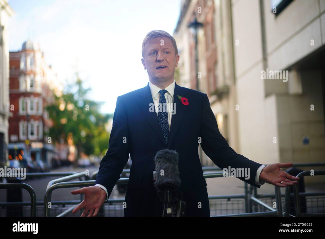 Deputy Prime Minister Oliver Dowden speaking to the media outside BBC ...