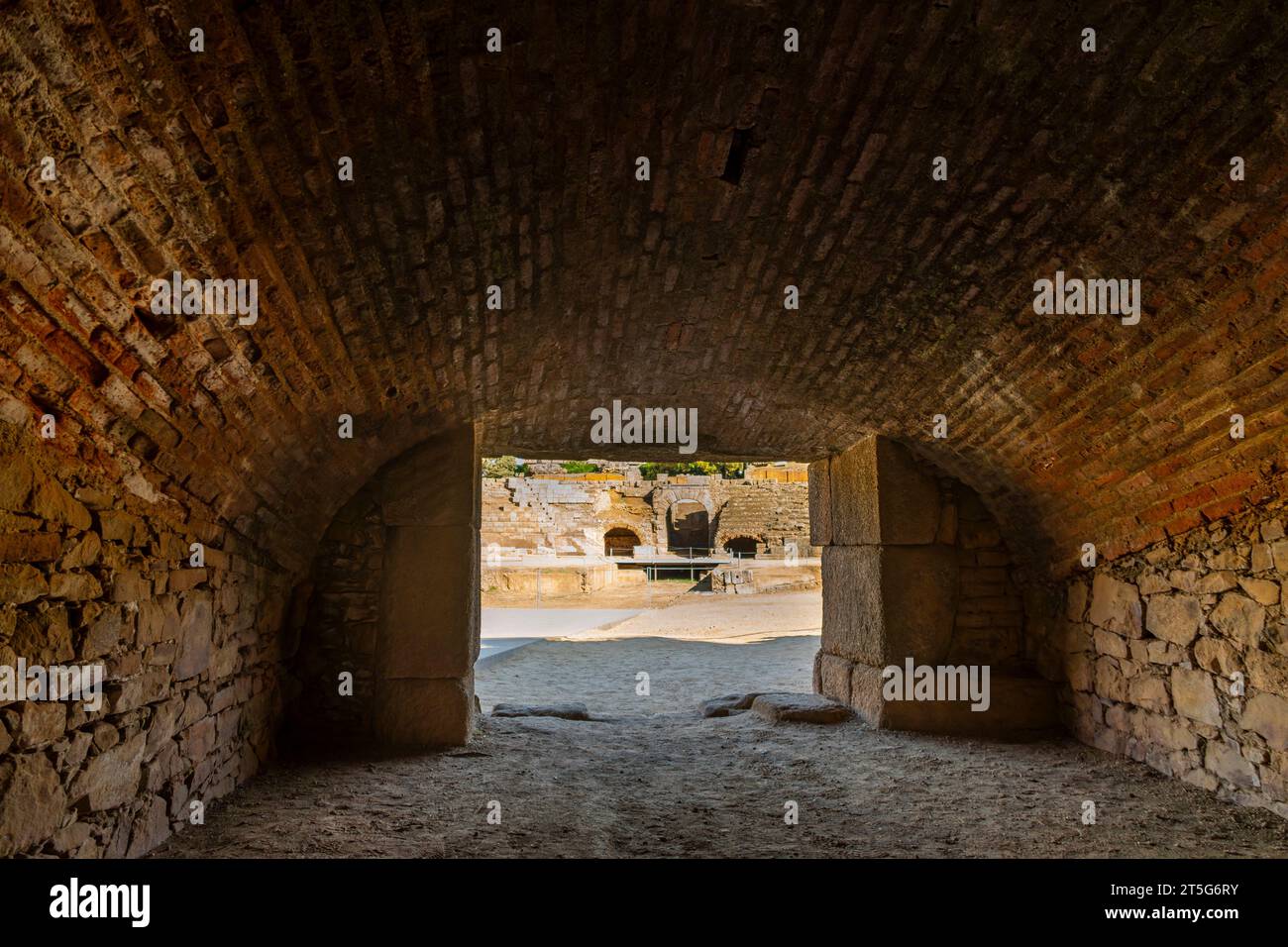 Interior with the vaulted ceiling of medieval Roman bricks of a ...