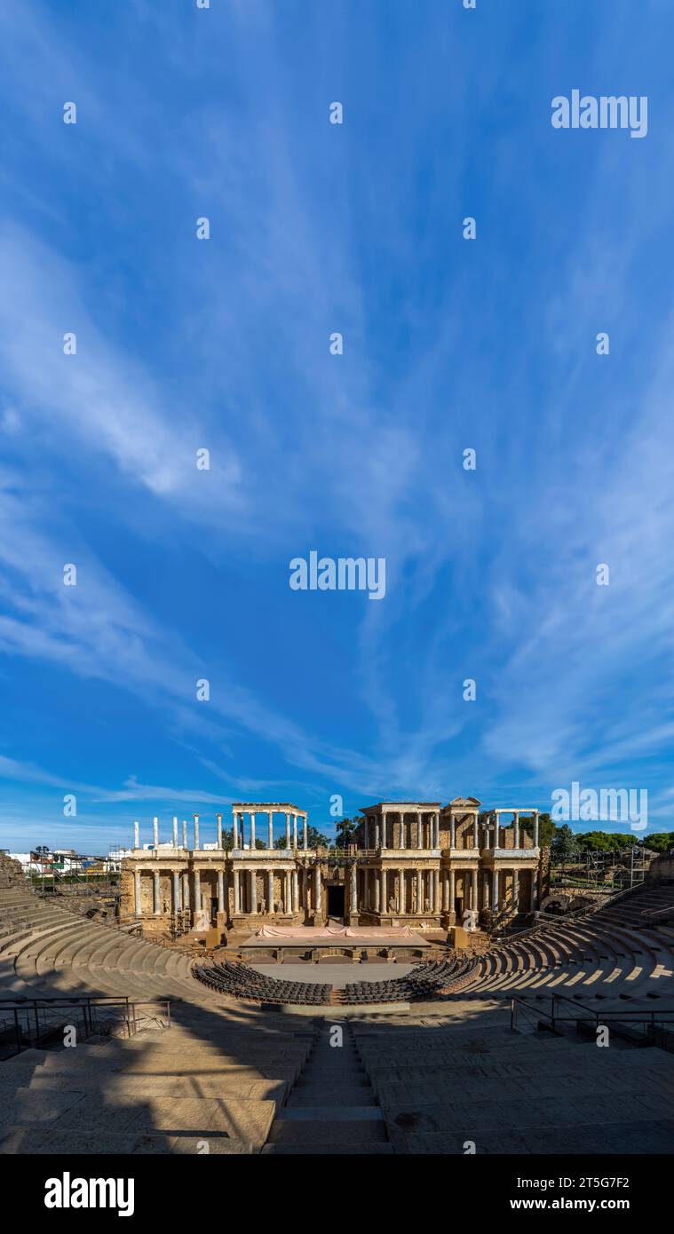 Panoramic view of the stage and stands of the Roman Theater of Mérida ...