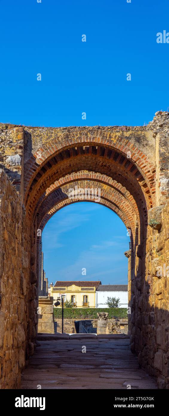 View of the restored arches and cobbled floor of the Mérida ...