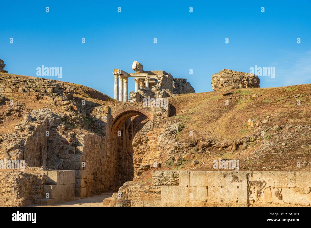 View of the entrances to the arena of the Roman Amphitheater of Mérida ...