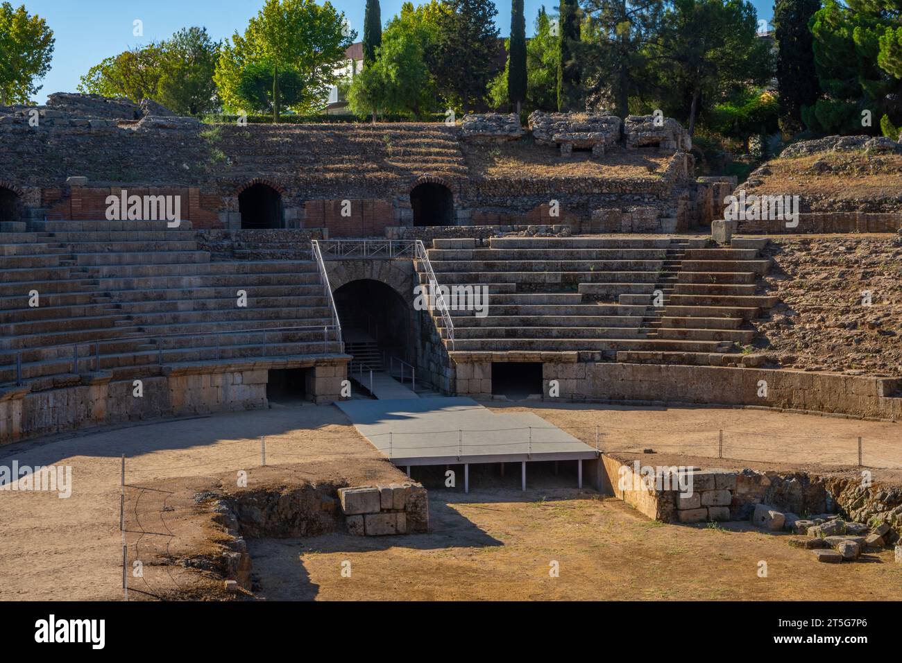 View of the entrances to the arena of the Roman Amphitheater of Mérida ...