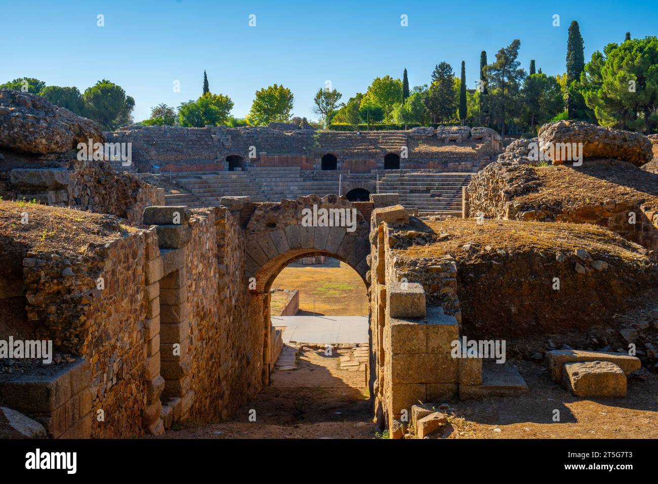 View of the restored arch entrance to the arena of the Roman ...