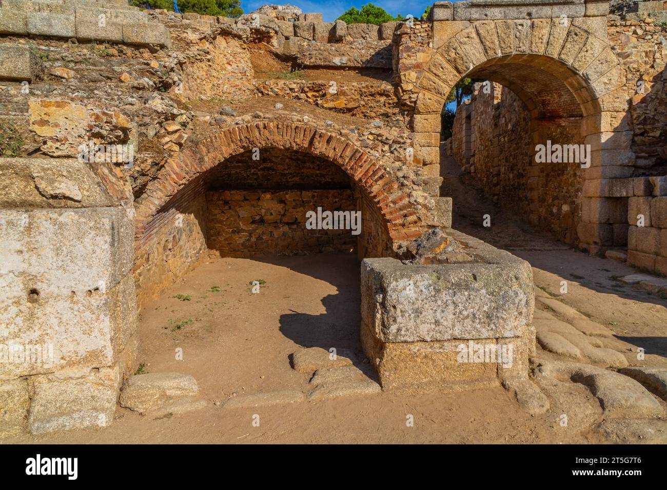 Restored arch entrances to the arena of the Roman Amphitheater of ...