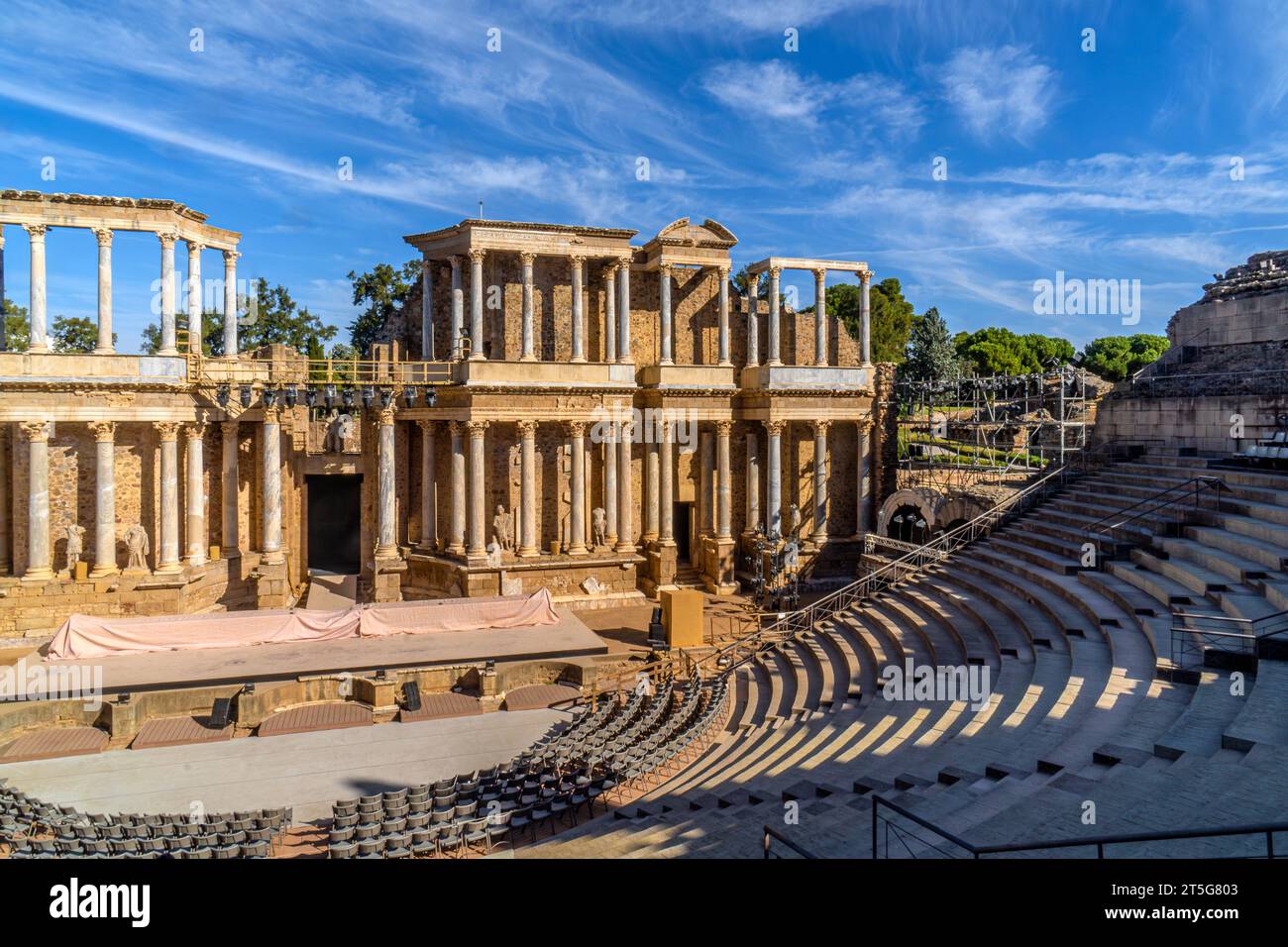 Granite stands and part of the stage of the Roman Theater of Mérida ...