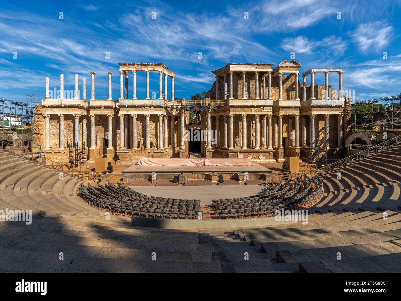 Roman Theater of Mérida with the scaffolding, spotlights, stage and ...