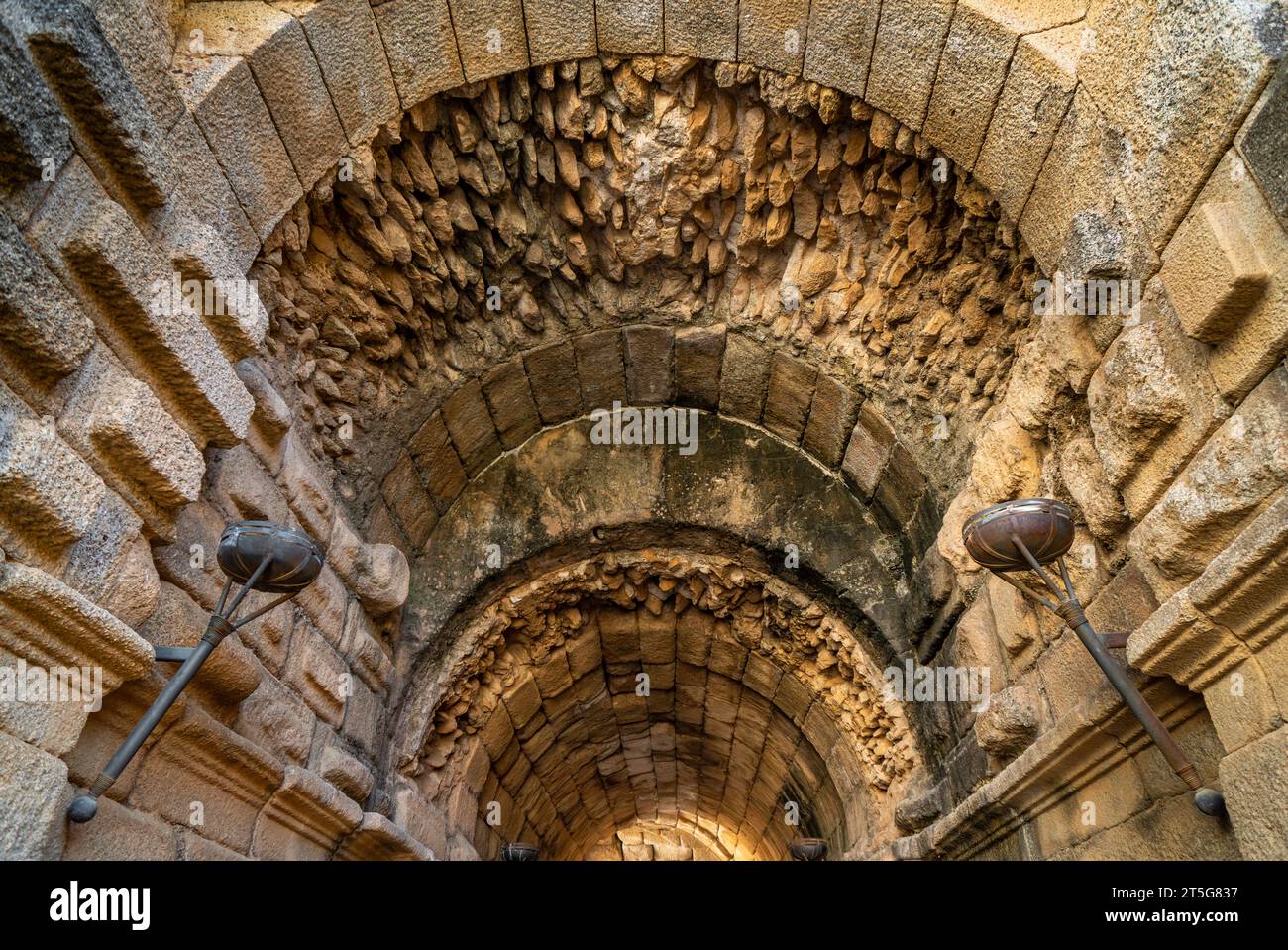 Detail of the vaulted ceiling of stones and rocks with torches on the ...
